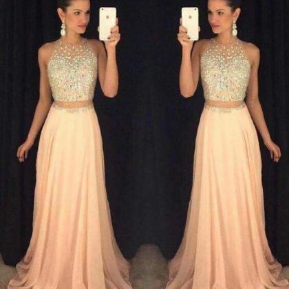 Peach Formal Dress Long Chiffon Beaded A-line Prom Dress Evening Dress ...