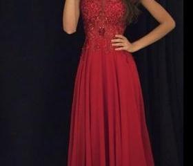 2016 Modest Red Long Prom Dresses Sleeveless Lace Appliques Beaded ...