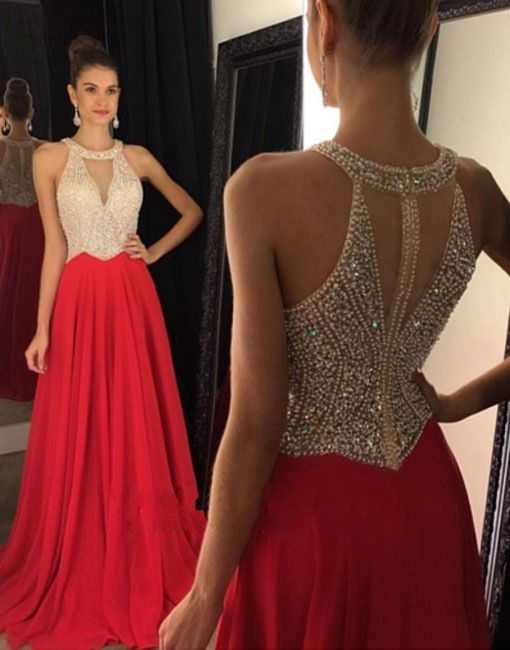 Charming Red Prom Dress, Chiffon Prom Dress, Beaded Prom Dress, Sequin ...
