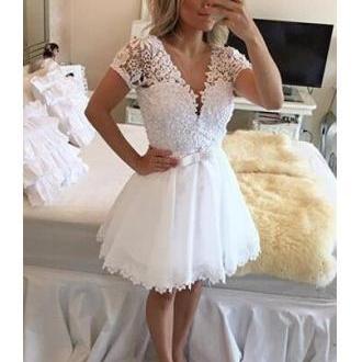 2017 White Short Homecoming Dresses, Short Sleeves V Neck Lace Beaded ...