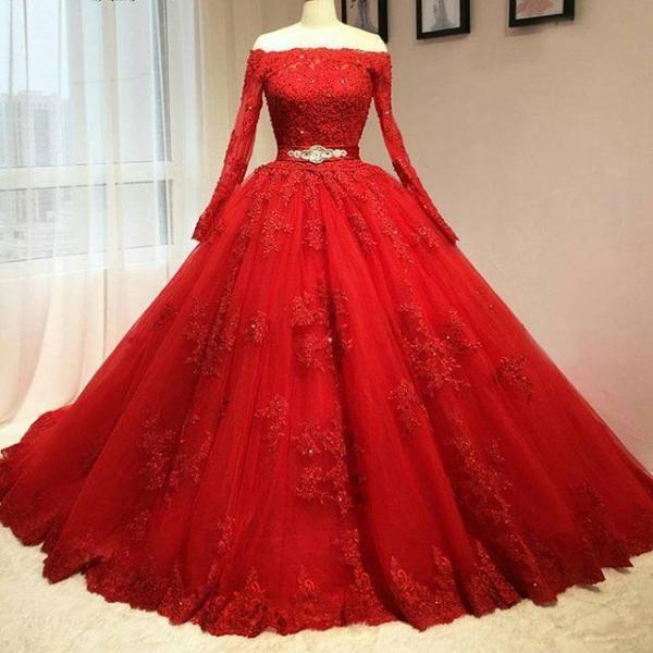 Red Prom Dress, Ball Gown Prom Dress, Long Sleevev Red Wedding Dress ...